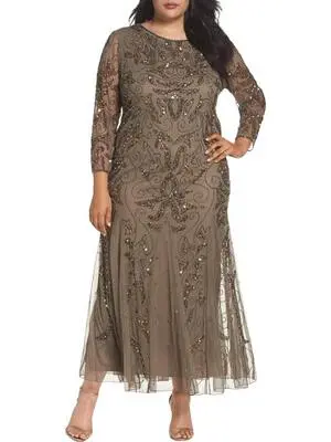 Pisarro Nights Pisarro Nights Embellished Three-Quarter Sleeve Gown Mocha
