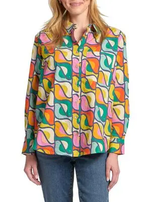 APNY Boyfriend Poplin Button-Up Shirt Emerald Green Multi