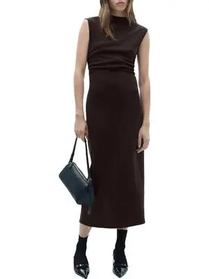 Mango Gathered Herringbone Stitch Knit Dress - Chocolate