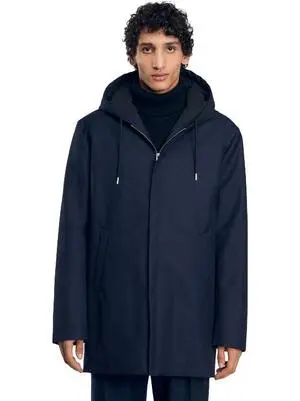 Sandro Quilted Zip-Up Hooded Parka Navy Blue