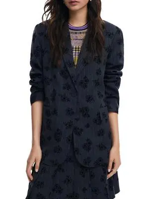 Desigual Floral Embroidered Pinstripe Jacket - Black
