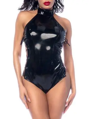 MAPALE Lace-up Faux Patent Leather Bodysuit - Gloss Black
