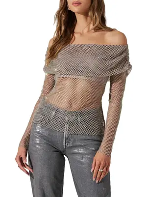 Astr The Label Diamante Long Sleeve Mesh Shirt - Nude Purple