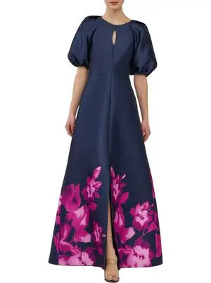 KAY UNGER Delfina Puff Sleeve Mikado Gown - Midnight/pink Zinnia