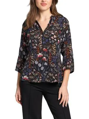 APNY Print Tassel Split Neck Chiffon Top - Black Abstract Floral Multi