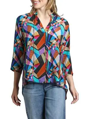 APNY Print Tassel Split Neck Chiffon Top - Black/rust Multi