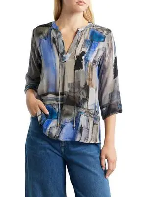 APNY Print Tassel Split Neck Chiffon Top Blue Multi