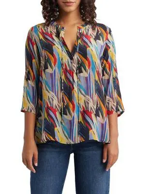 APNY Print Tassel Split Neck Chiffon Top - Blue/yellow Multi