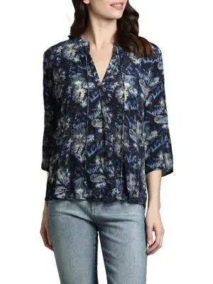 APNY Print Tassel Split Neck Chiffon Top - Navy Blue Multi