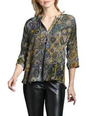 APNY Print Tassel Split Neck Chiffon Top Rust Multi