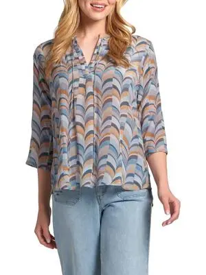 APNY Print Tassel Split Neck Chiffon Top - Steel Blue