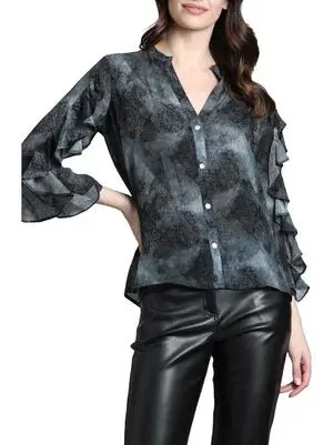 APNY Mixed Print Ruffle Sleeve Shirt - Black Multi