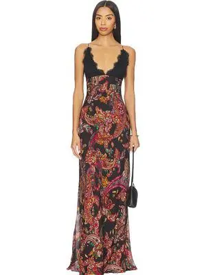 L'Agence Paisley Print Lace Trim Maxi Slip Dress - Black Multi Paisley Scroll