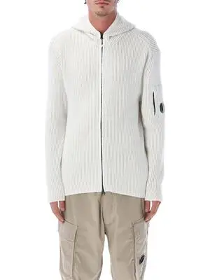 C.P. COMPANY Ribbed Knit Cardigan With Lens Detail White Melange