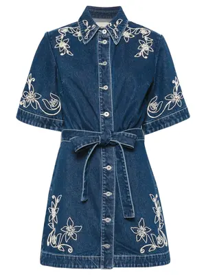 ALEMAIS Carmen Denim Embroidered Dress - Blue