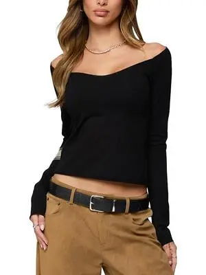 EDIKTED Nattie Off Shoulder V Neck Top - Black