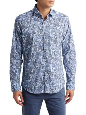 BRAX Harold Paisley Hi Flex Stretch Cotton Button-up Shirt - Smoke Blue