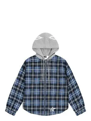 SP5DER Hooded Zip Flannel Shirt Jacket - Blue Plaid