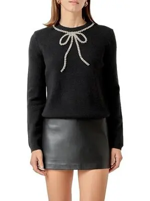 English Factory Rhinestone Bow Sweater - Black