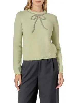 English Factory Rhinestone Bow Sweater - Sage