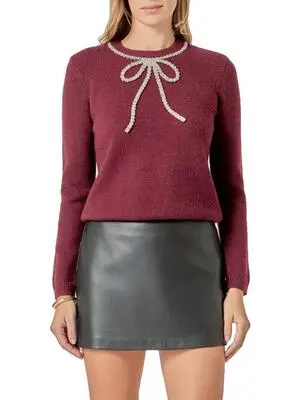 English Factory Rhinestone Bow Sweater - Wine