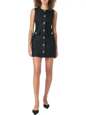 Endless Rose Sequin Jewel Button Tweed Mini Dress - Black