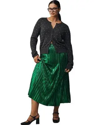 Anthropologie Metallic Pleated Midi Skirt - Emerald Green
