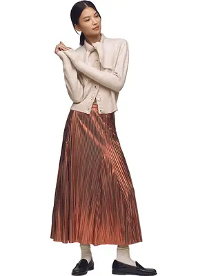Anthropologie Metallic Pleated Midi Skirt - Red