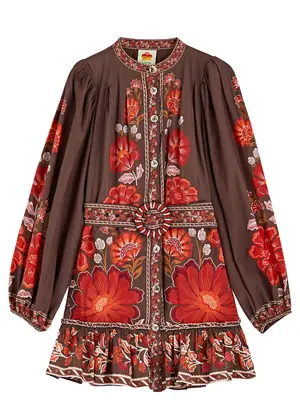 Farm Rio Gigi Floral-print Mini Dress - Brown