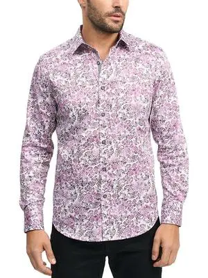 Robert Graham Downing Cotton Stretch Satin Printed Classic Fit Button Down Shirt - Berry