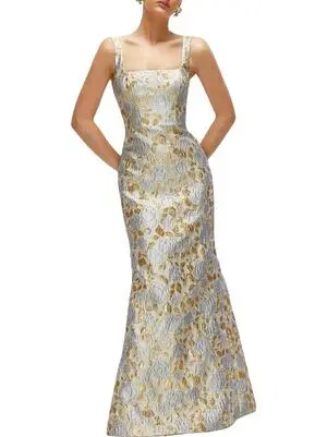 Dessy Collection Metallic Floral Brocade Trumpet Gown - Winter Mist
