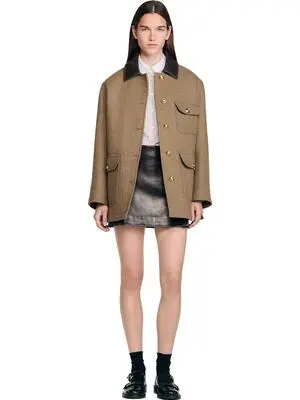 Sandro Tweed Coat With Leather Collar - Caramel