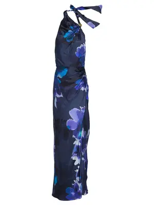NICHOLAS Printed Satin Halterneck Maxi Dress - Navy