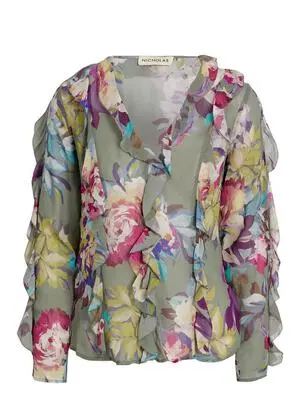 NICHOLAS Ruffled Floral-print Silk-chiffon Blouse - Grey Green