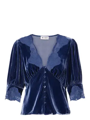 Rixo Amanda Lace-trimmed Velvet Top - Blue
