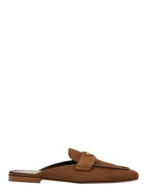 Prada Logo Suede Loafer Mules - Cacao
