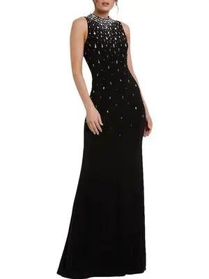 Mac Duggal High Neck Beaded Fitted Gown - Black