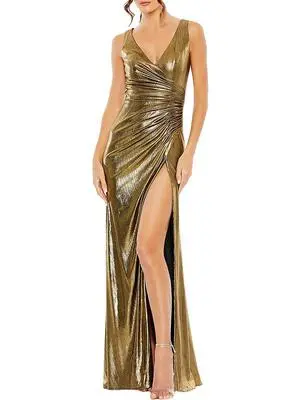 Mac Duggal Metallic Ruched Gown - Antique Gold