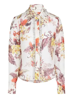 Zimmermann Embellished Floral-print Linen And Silk-blend Shirt - Ivory