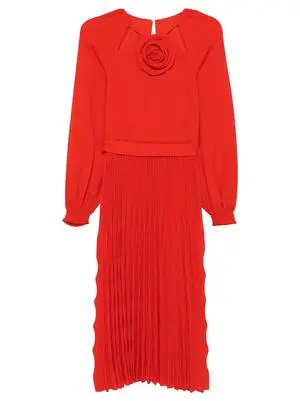 NISSA Floral Appliqué Pleated Midi Dress - Red