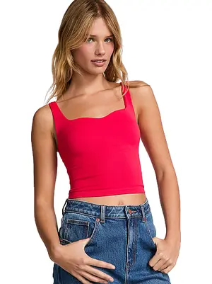 Pink Soft Seamless Notched Tank Top - Red