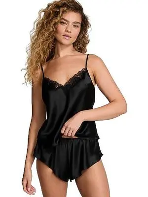 Victoria's Secret Satin Lace-trim Cami & Flutter Short Set - Black