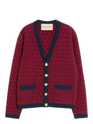 Valentino Garavani Wool Cardigan With Toute La V Jacquard Pattern - Navy/ Red