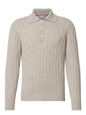 Brunello Cucinelli Ribbed Knit Cashmere Polo Sweater - Grey