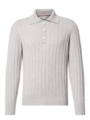 Brunello Cucinelli Ribbed Knit Cashmere Polo Sweater - Grey