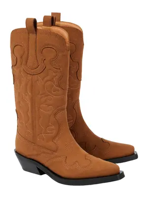 GANNI Embroidered Faux Leather Cowboy Boots - Brown