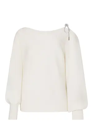 MILLY Ida Crystal Bow Cold Shoulder Long Sleeve Sweater - Ecru