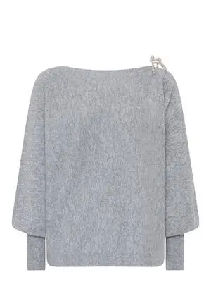MILLY Ida Crystal Bow Cold Shoulder Long Sleeve Sweater - Heather Grey
