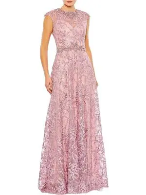 Mac Duggal Embroidered Cap-sleeve A-line Gown - Rose
