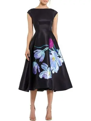Mac Duggal Satin Midi Dress With Floral Print And Cap Sleeves - Black Multi